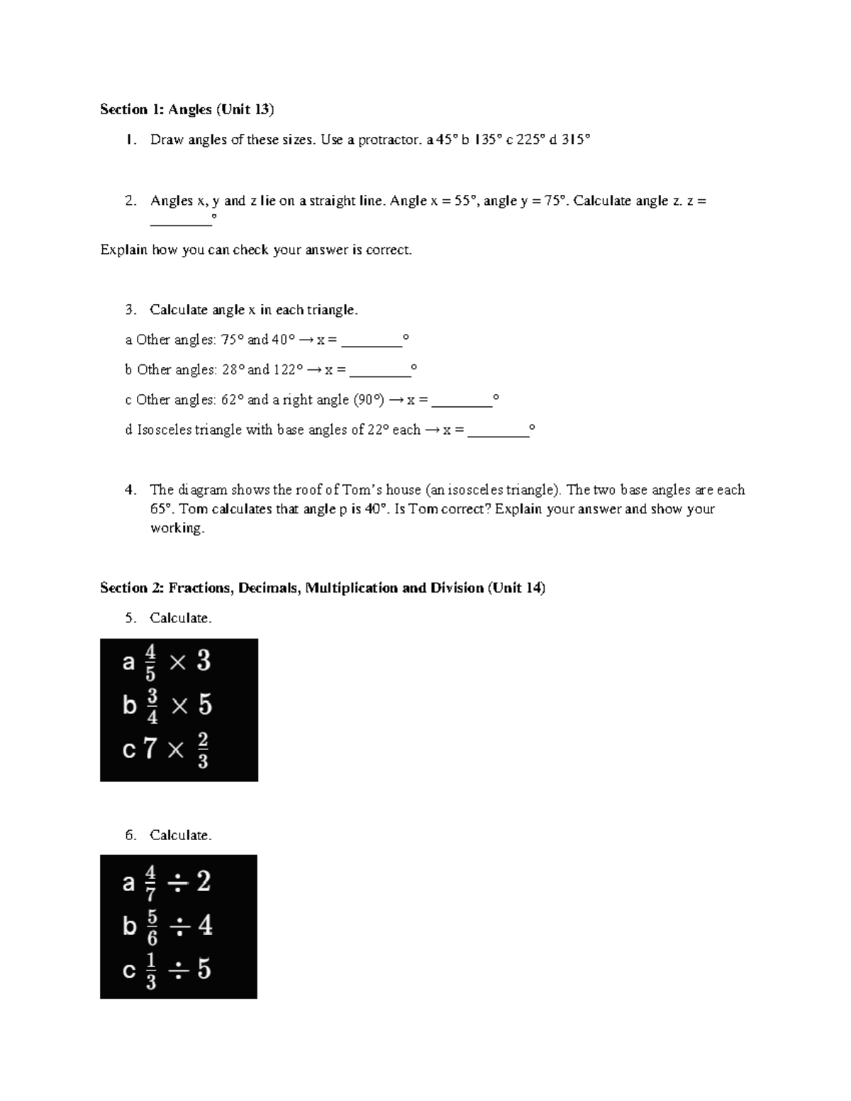 U1314 - Angles & Fractions: Unit 13 & 14 Practice Problems - Studocu