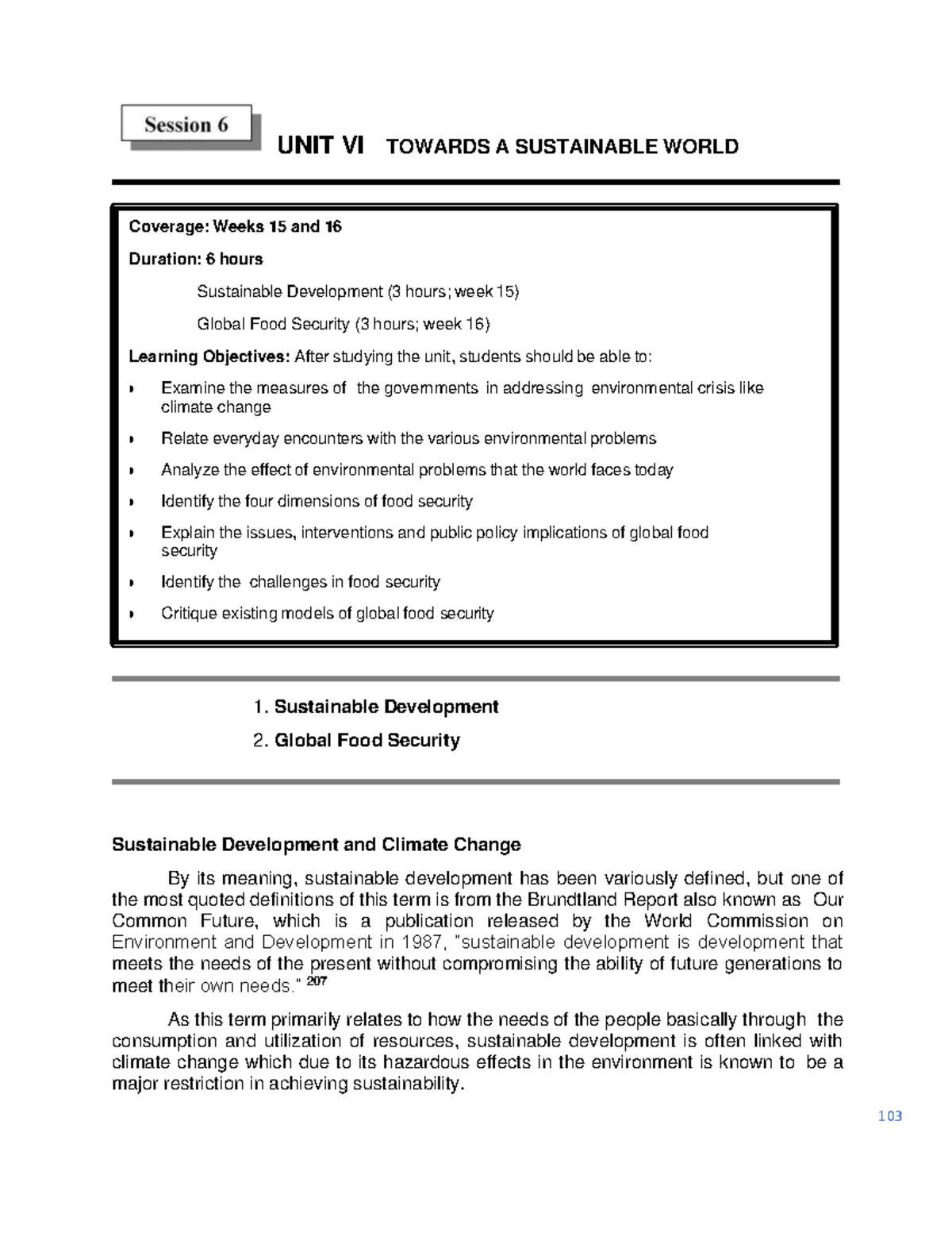 Sustainable Development & Global Food Security: Unit VI Overview - Studocu