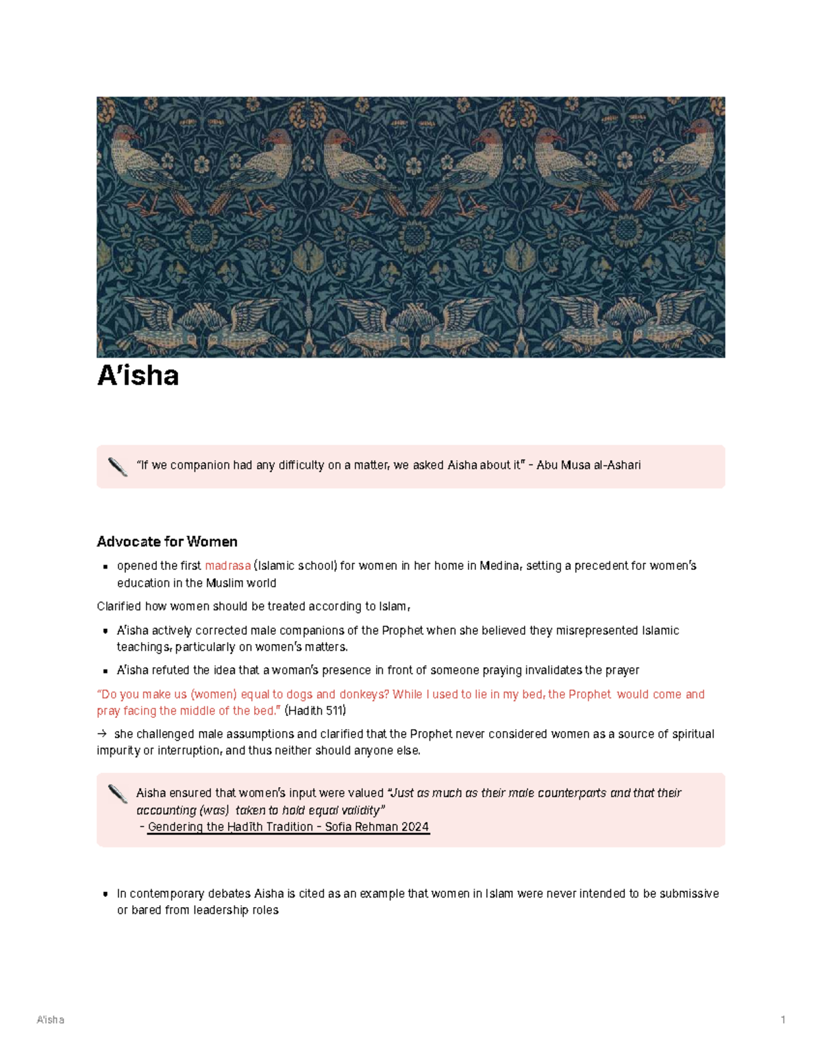 A'isha: Pioneering Women's Role in Islam - Study Notes - Studocu