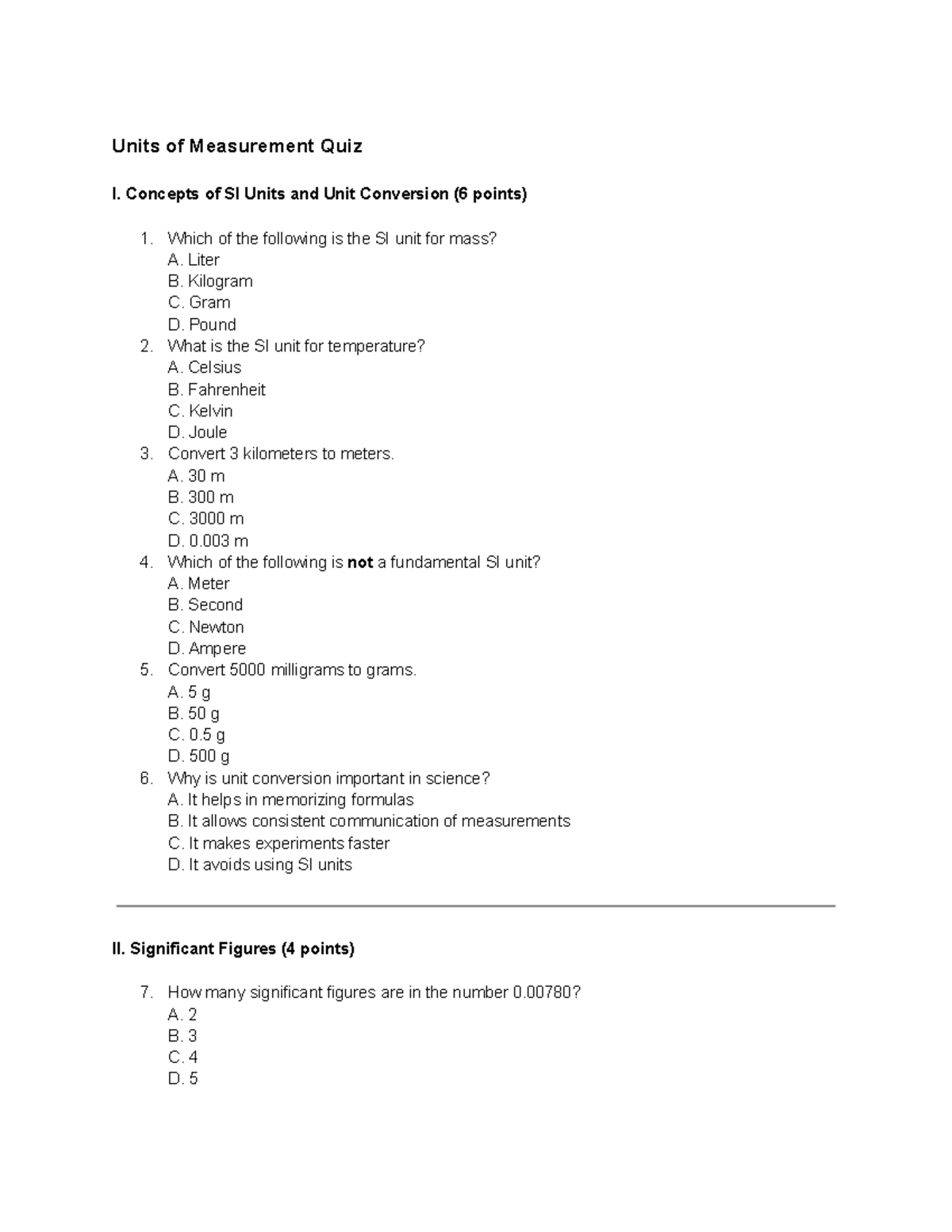 Lesson 1: Units of Measurement Quiz I - SI Units & Conversion Concepts ...
