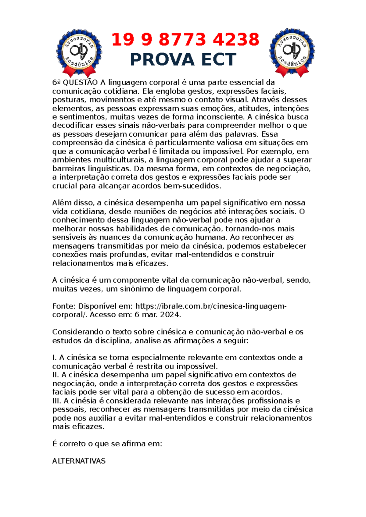 Prova ECT: Análise da 6ª Questão sobre Linguagem Corporal e Cinésica ...