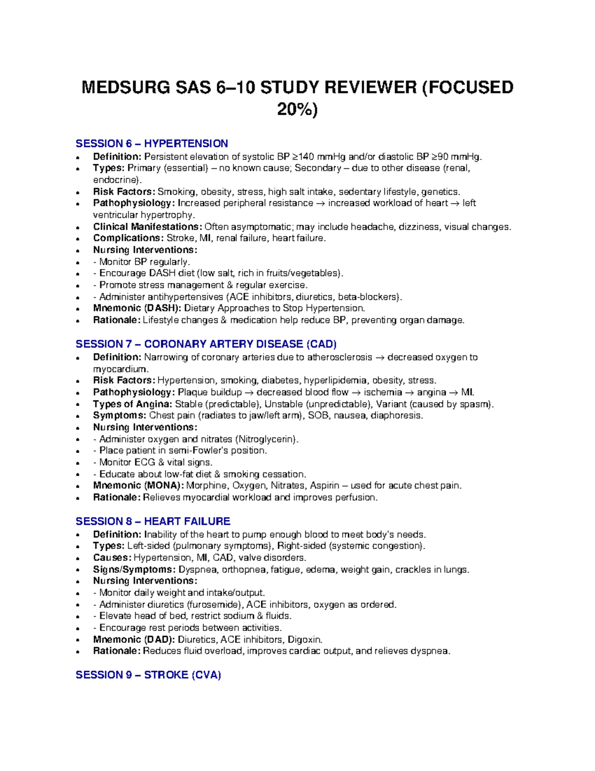 MEDSURG SAS 6-10 STUDY REVIEWER: HYPERTENSION & CAD Insights - Studocu