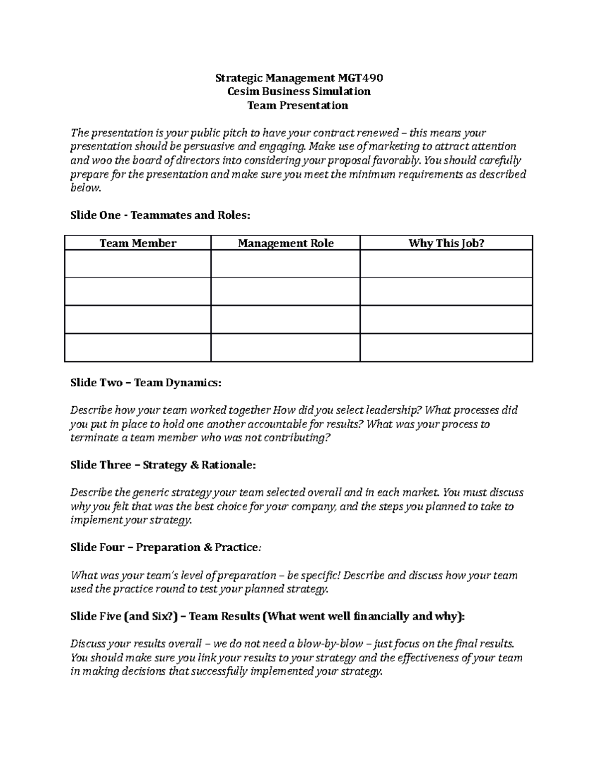MGT - Cesim Business Simulation Team Presentation Guide - Studocu