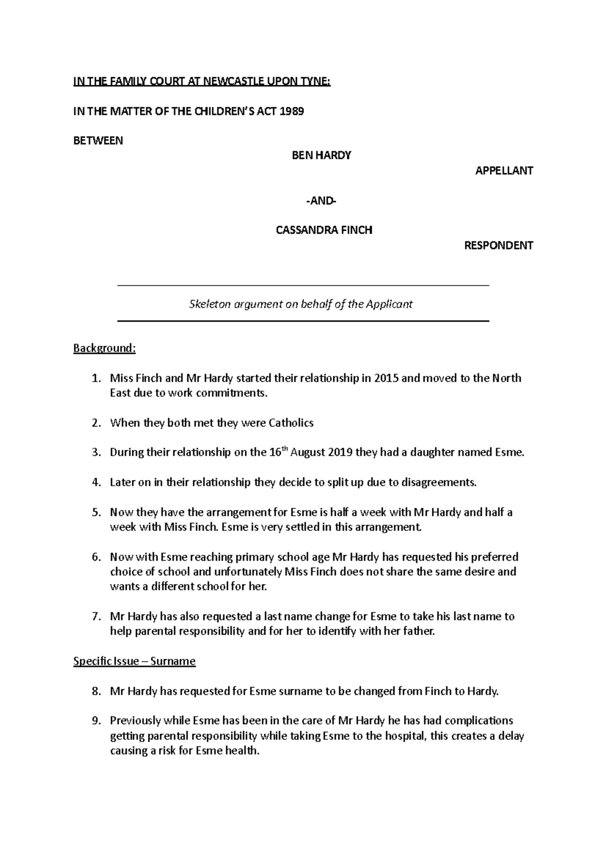 Hardy v Finch Skeleton Argument: Name Change & School Choice Issues ...