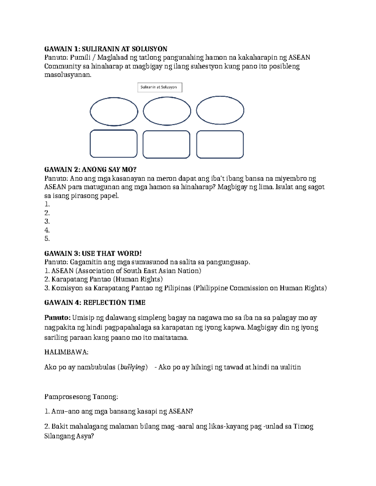 GAWAIN SA AP 7: Mga Worksheet sa ASEAN Community Challenges - Studocu