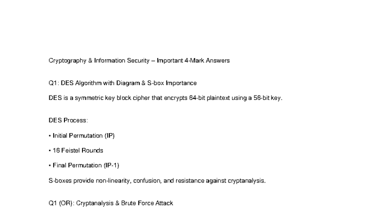 Cryptography (CS101) Important Answers: DES, RSA, and Schnorr - Studocu