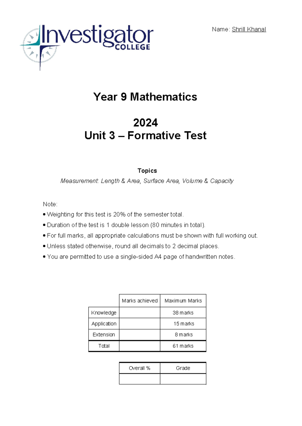 Year 9 Mathematics 2024 Unit 3 Formative Test: Measurement Topics - Studocu