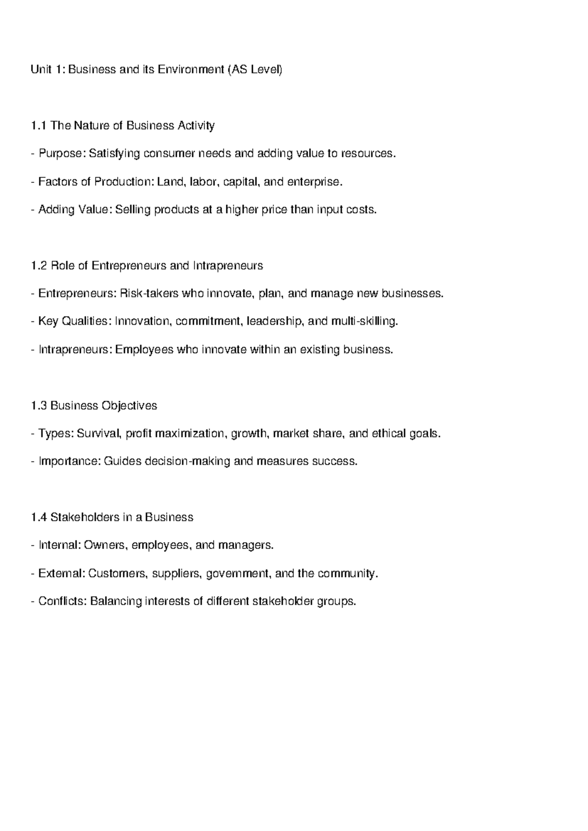 AS Level Business Unit 1: Business Environment Overview - Studocu