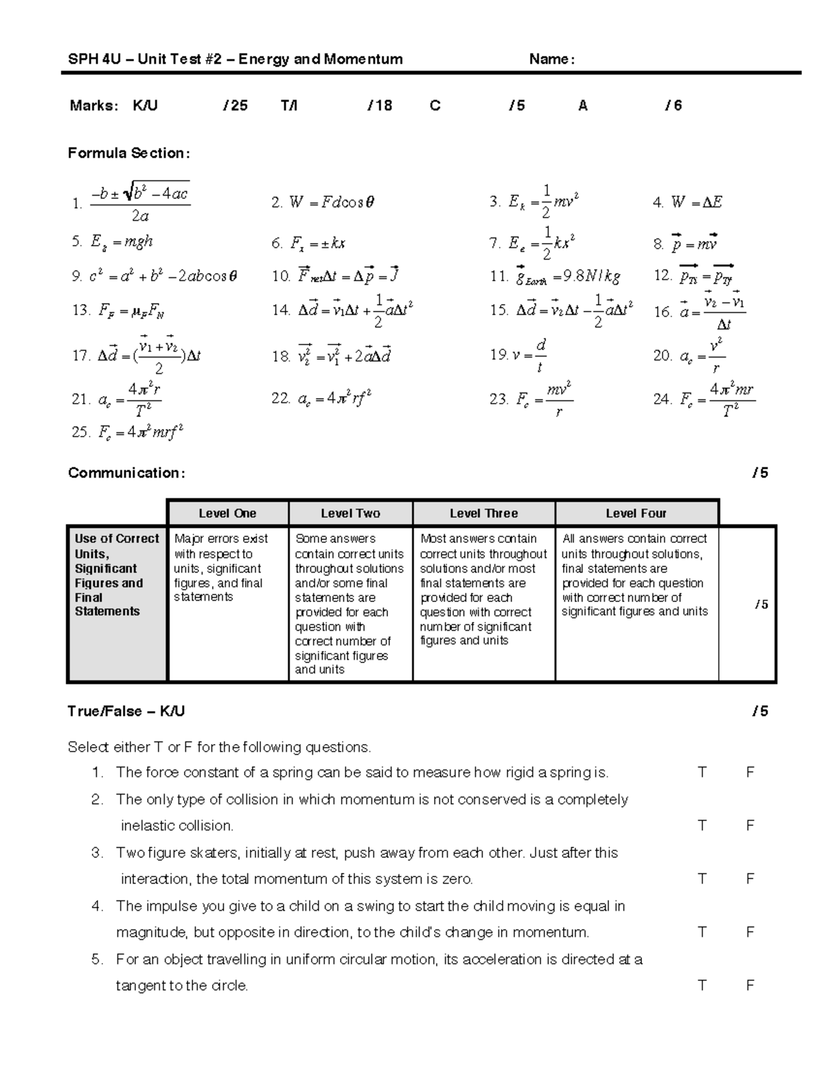 SPH4U Energy and Momentum Unit Test Sample Questions - Studocu