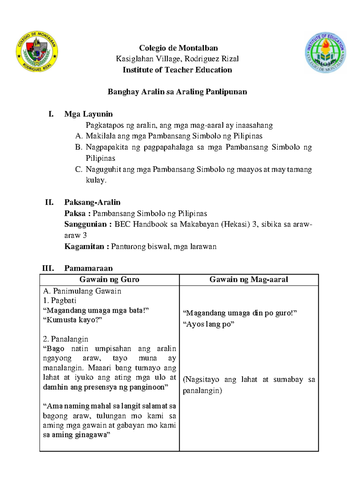 Banghay Aralin sa Araling Panlipunan I: Pambansang Simbolo ng Pilipinas ...