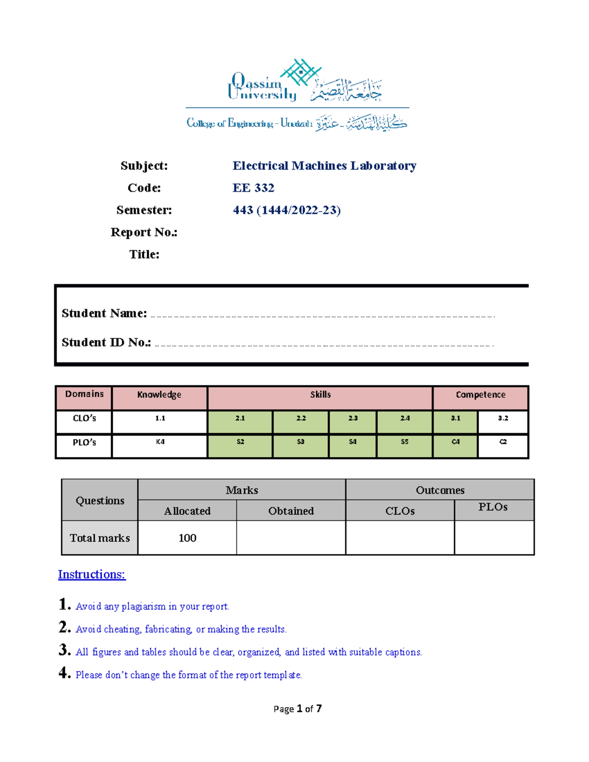 Lab Report Template for Electrical Machines EE332 - Studocu