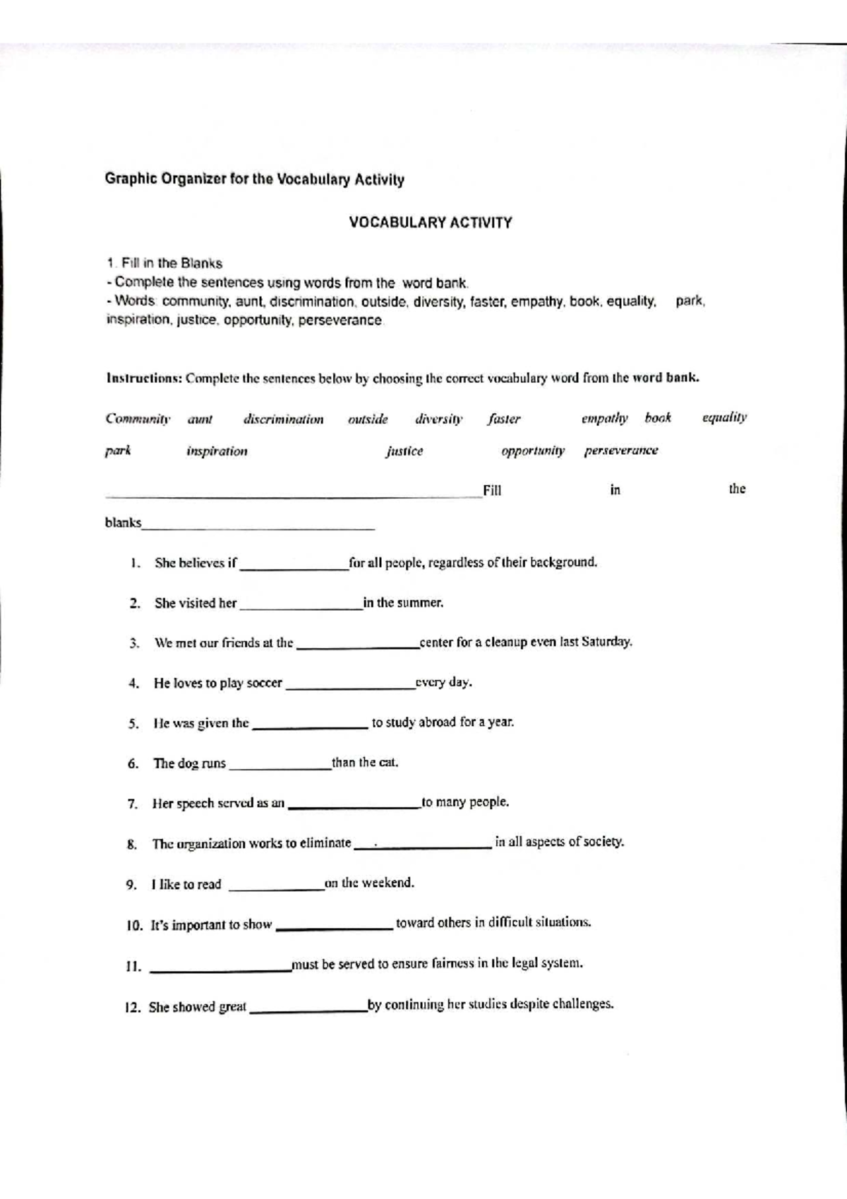 Vocabulary Activity: Fill in the Blanks & Sentence Classification - Studocu