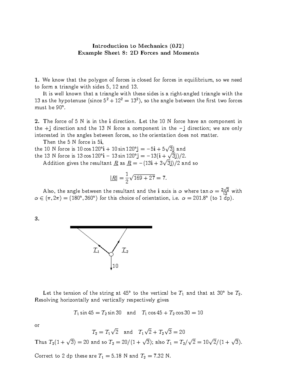 Solutions 8-1: Tutorial Sheet for Mechanics (0J2) on 2D Forces and ...