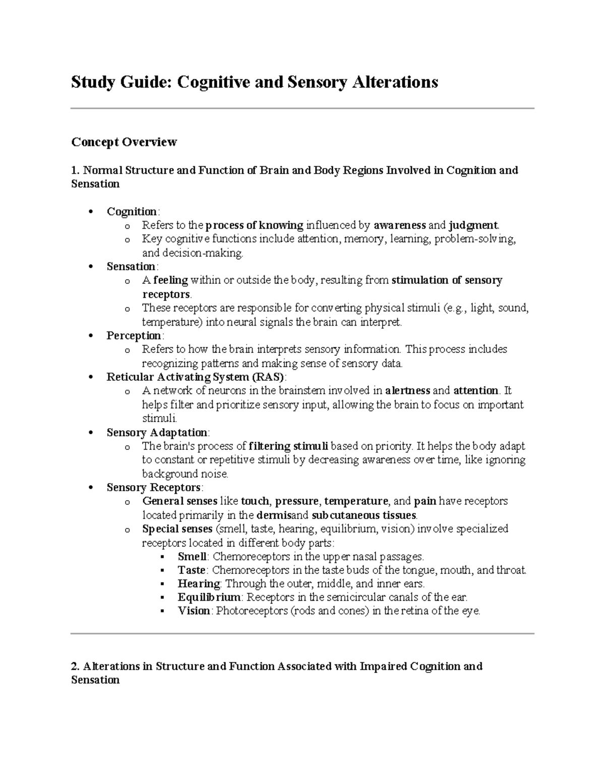 Nursing Care Strategies for Cognitive & Sensory Alterations (NUR 340 ...