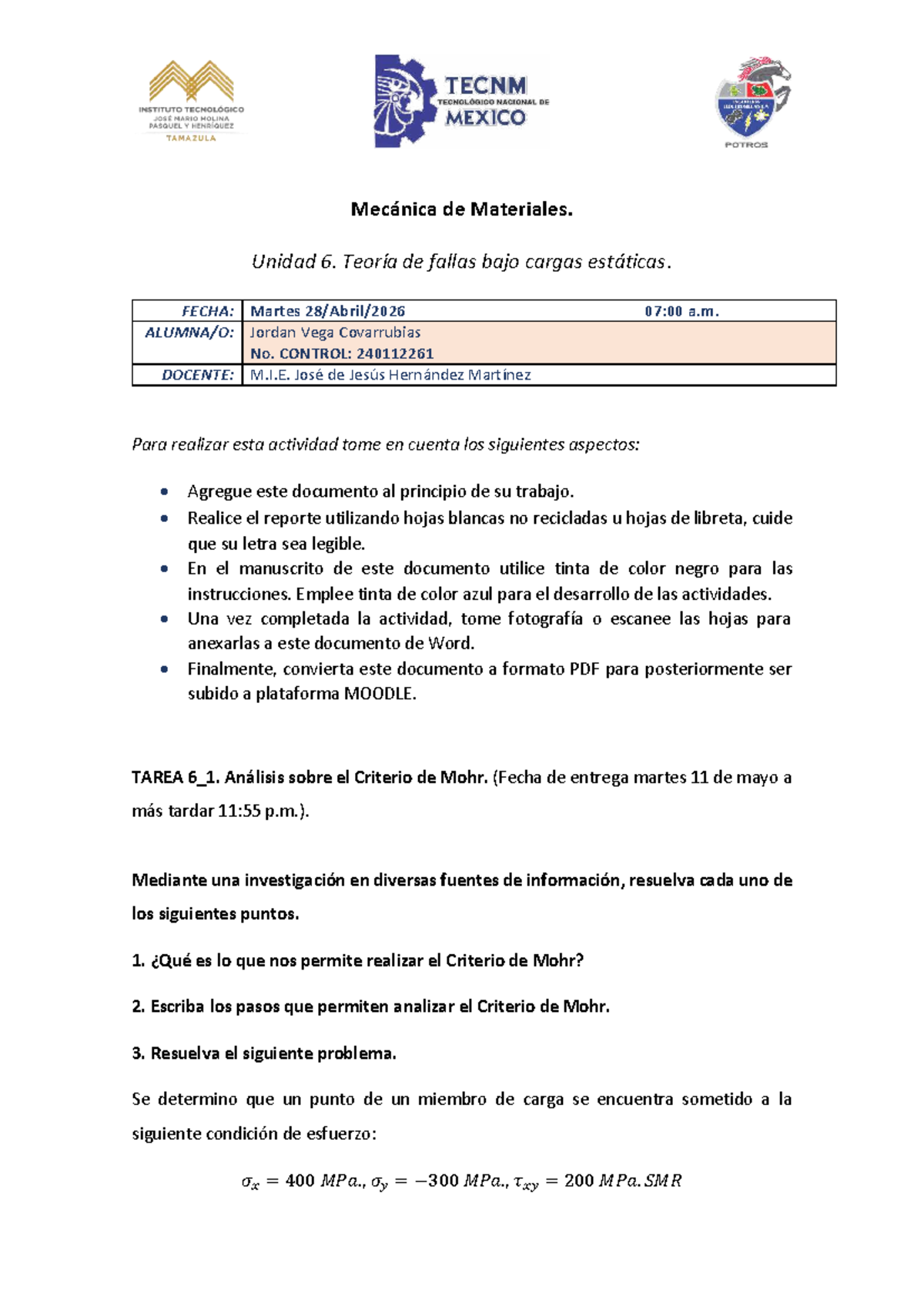 Tarea 6.1: Análisis del Criterio de Mohr en Mecánica de Materiales ...