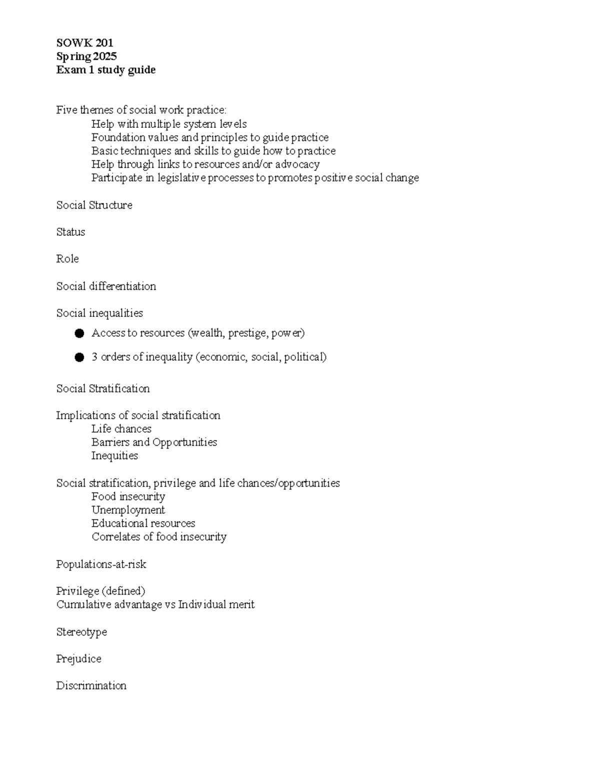SOWK 201 Spring 2025 Exam 1 Study Guide: Key Themes in Social Work ...
