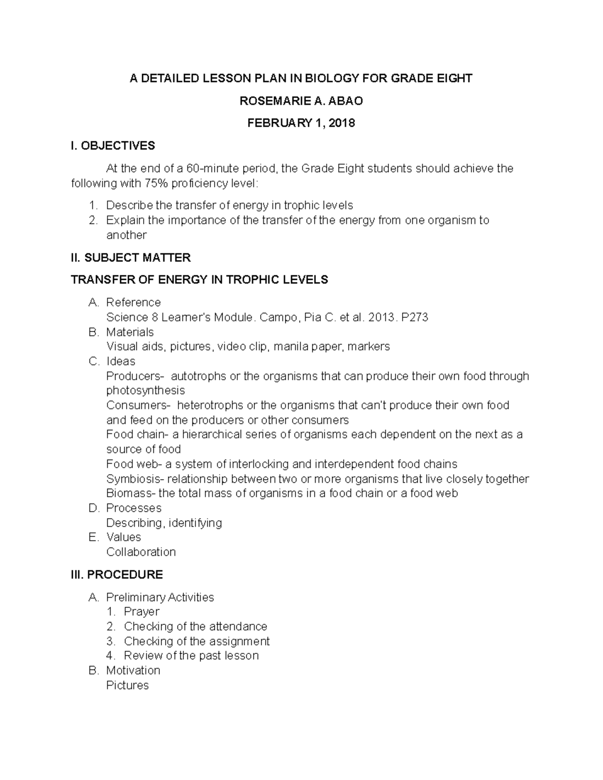 409557907 Detailed Biology Lesson Plan: Energy Transfer, Grade 8 - Studocu