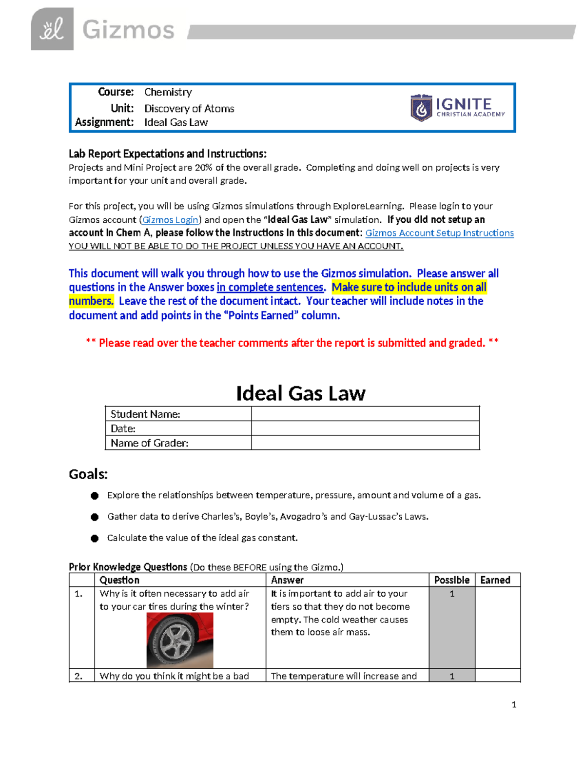 Ideal Gas Law Lab Report - Chem06 Assignment Details - Studocu