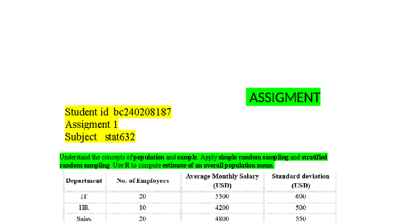 Stat632 Assignment 1: Population & Sampling Concepts with R - Studocu