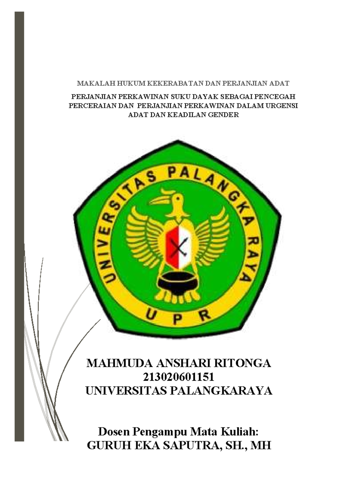 MAKALAH HUKUM KEKERABATAN DAN PERJANJIAN ADAT PERKAWINAN SUKU DAYAK ...