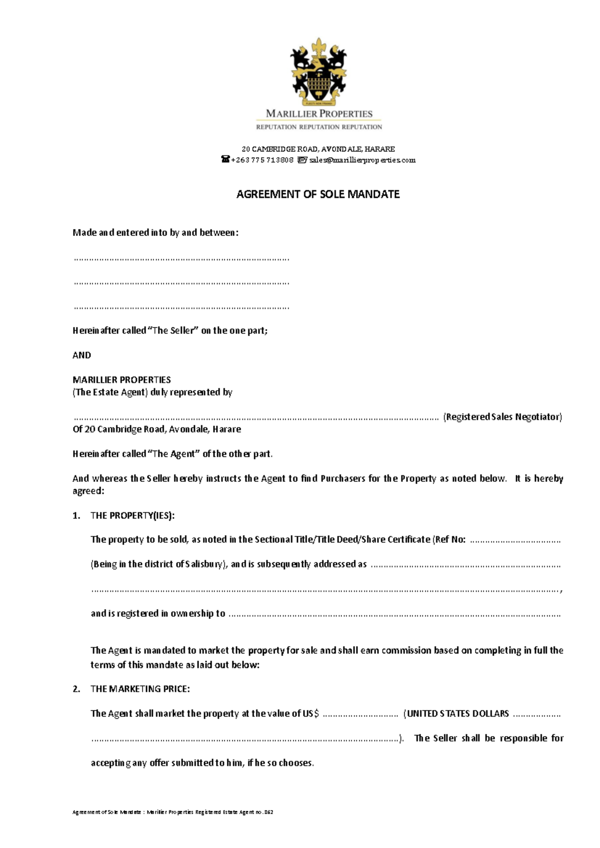 Sole Mandate Agreement - Reference Material for Estate Agents - Studocu