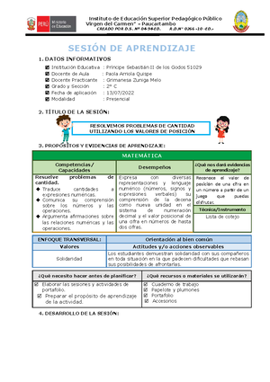 Sesion DE Aprendizaje amigos - SESION DE APRENDIZAJE N° 01 DATOS INFORMATIVOS. Institución - Studocu