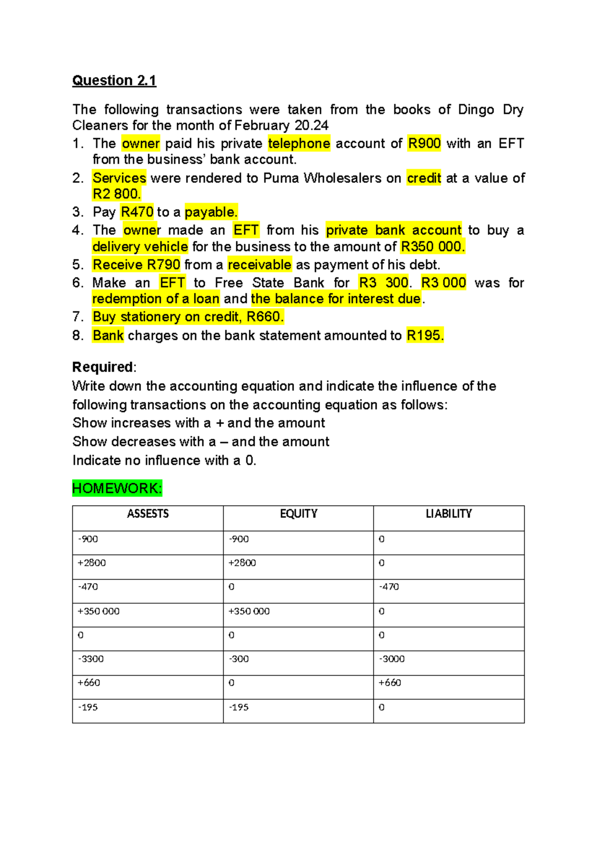 Accounting Question 2.2: Transaction Analysis for Dingo Dry Cleaners ...