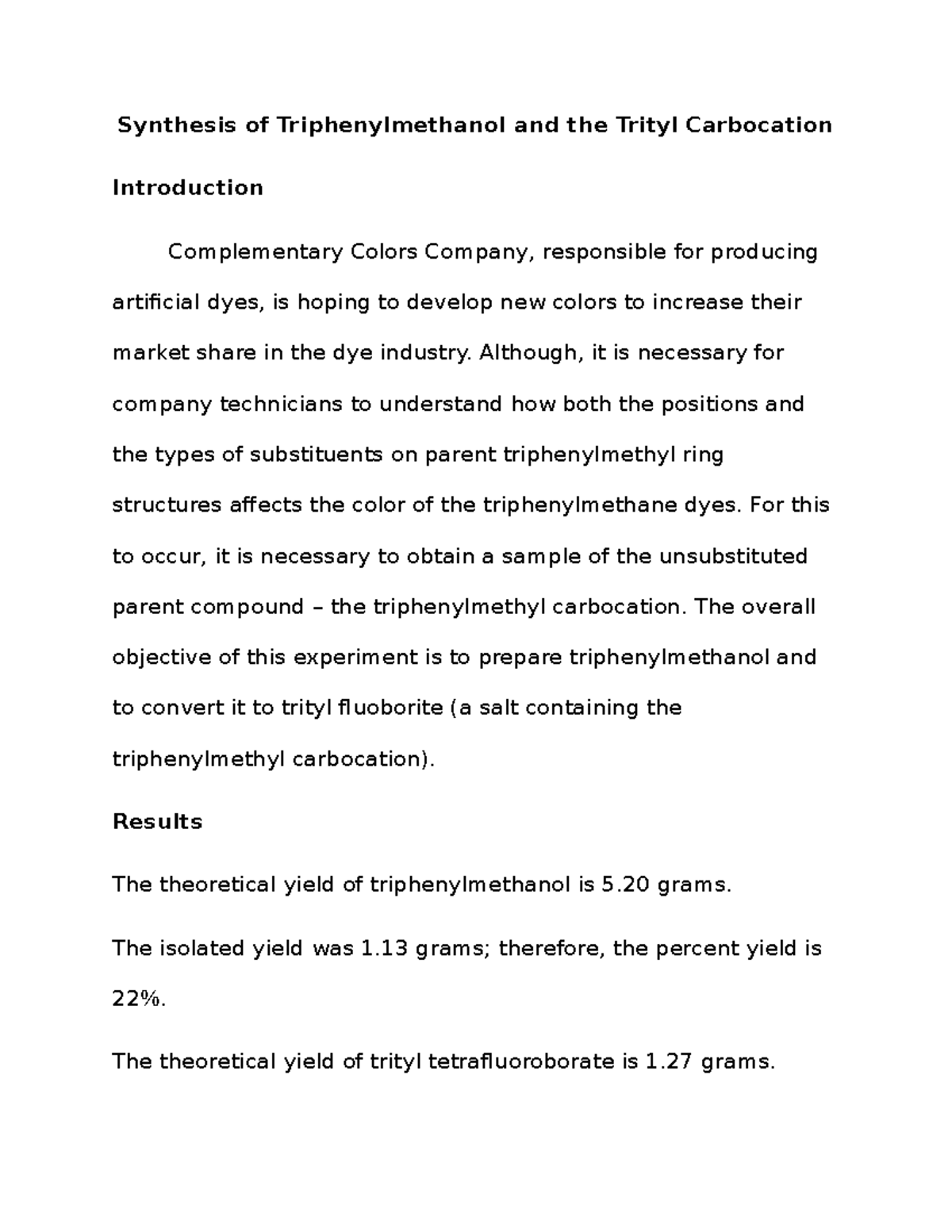CH237 Organic Chemistry Lab Report 6: Synthesis of Triphenylmethanol ...