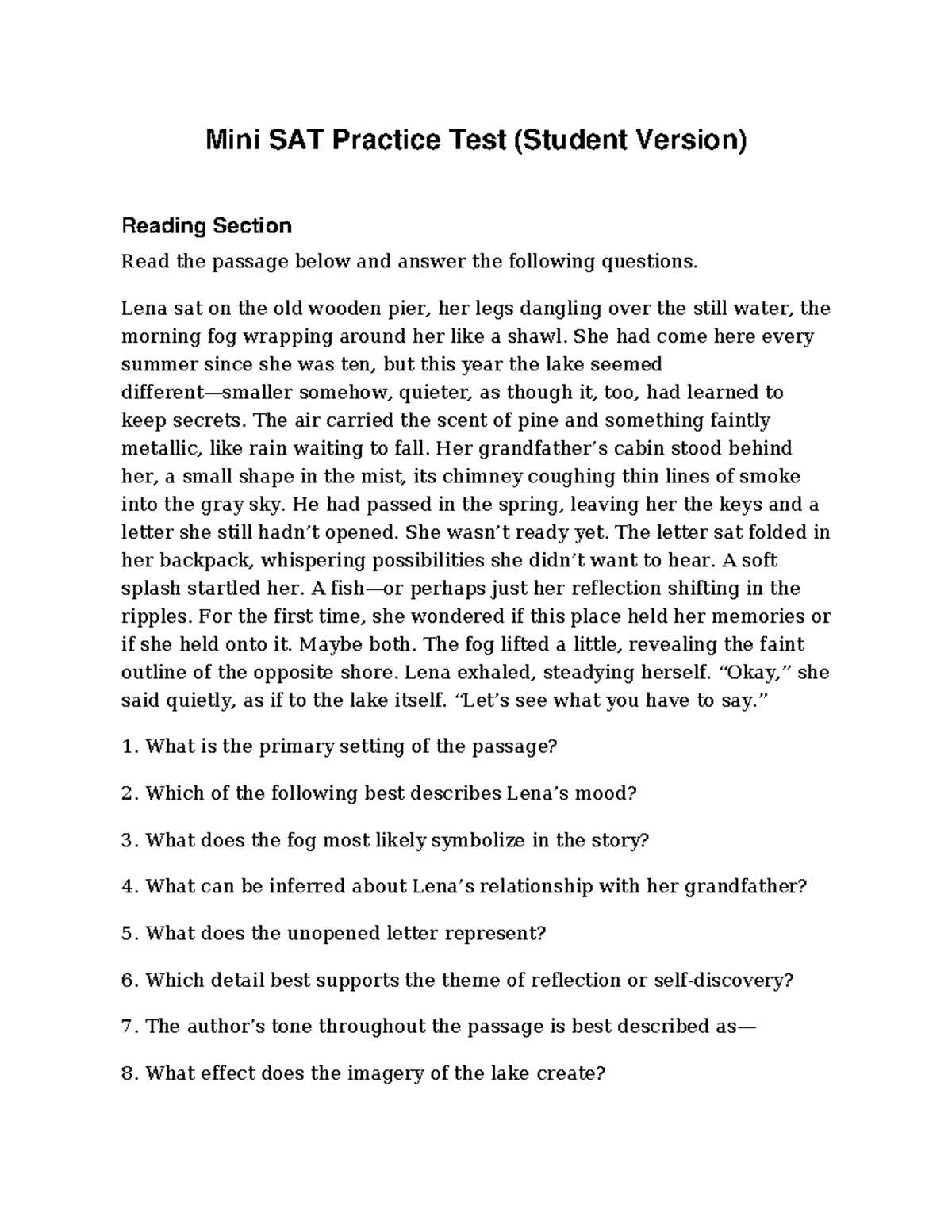 Mini SAT Practice Test - Reading & Math Sections - Studocu