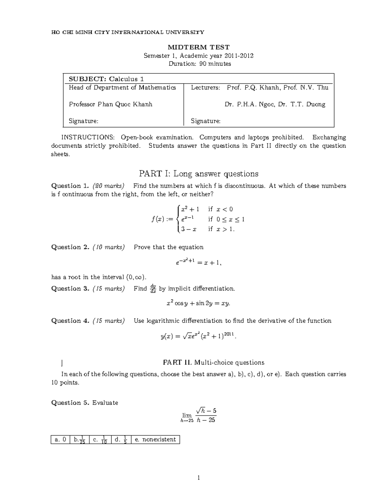 Calculus 1 (MATH101) Midterm Test - Semester 1, 2011-2012 - Studocu