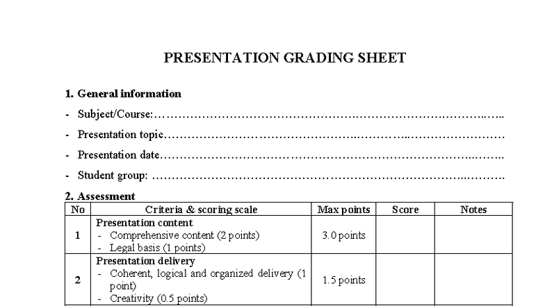 Presentation Grading Sheet 2025: Assessment Criteria & Scoring - Studocu
