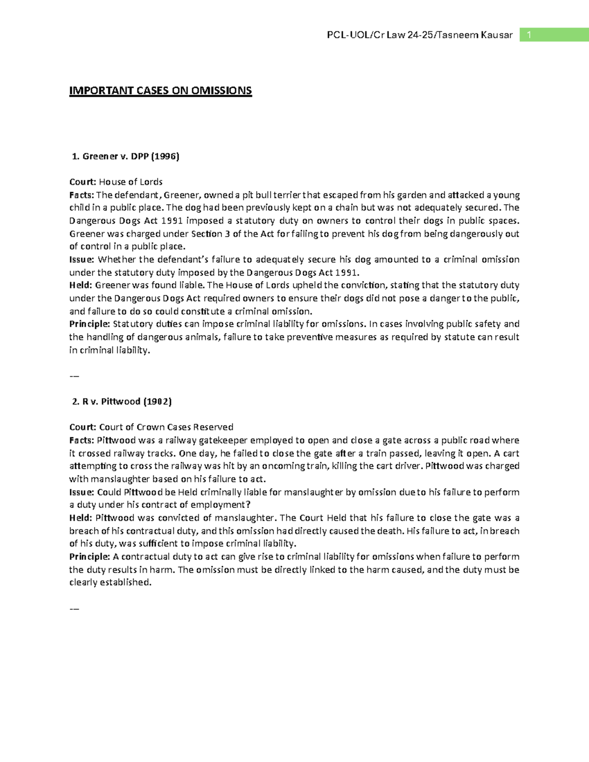Criminal Law Case Studies on Omissions: Key Cases Overview - Studocu