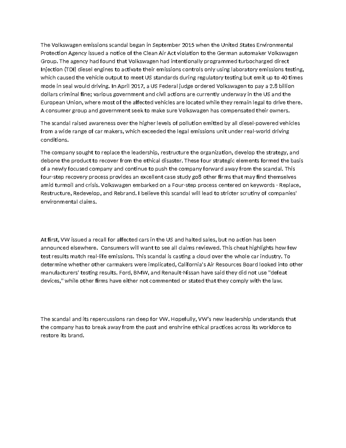 WEEK1 - Case Study on the Volkswagen Emissions Scandal and Recovery ...