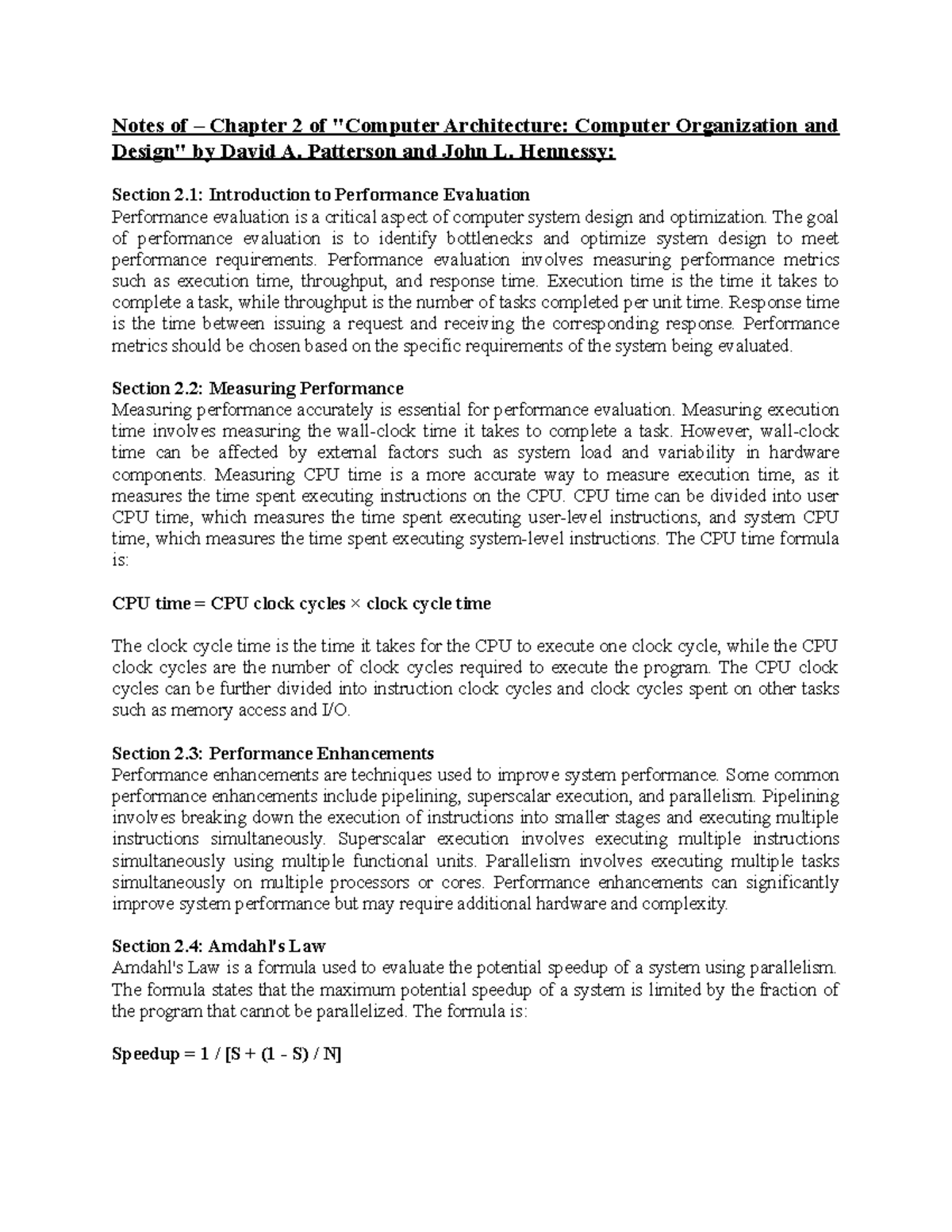 Computer Architecture (CS101) Chapter 2: Performance Evaluation Notes ...