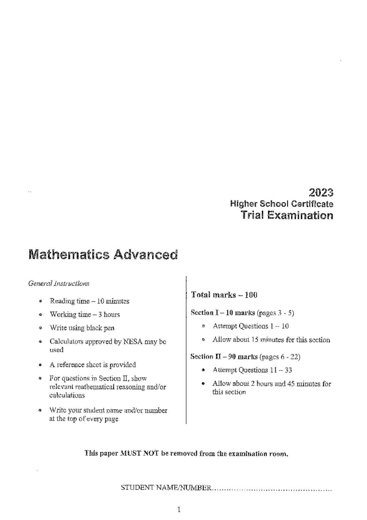 2023 HSC Advanced Math Trial Exam Instructions & Questions Guide - Studocu