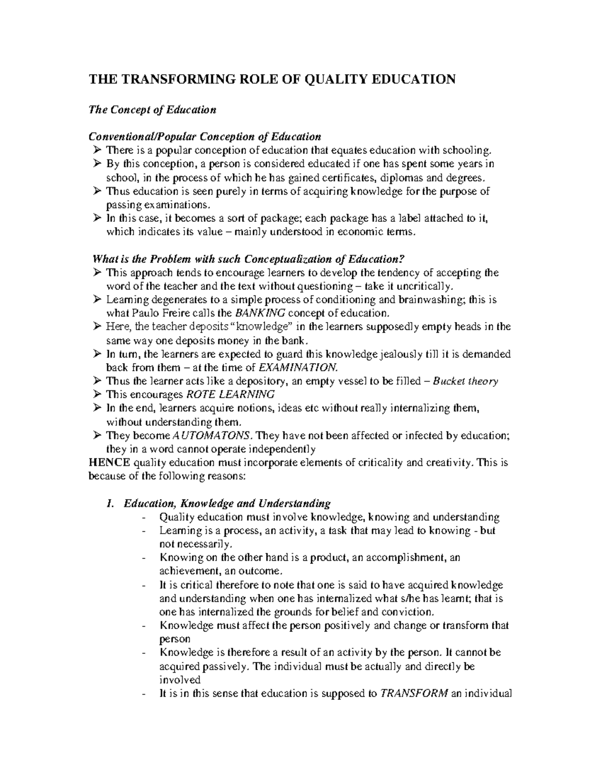 Quality Education: The Role of Creativity & Criticality - Studocu