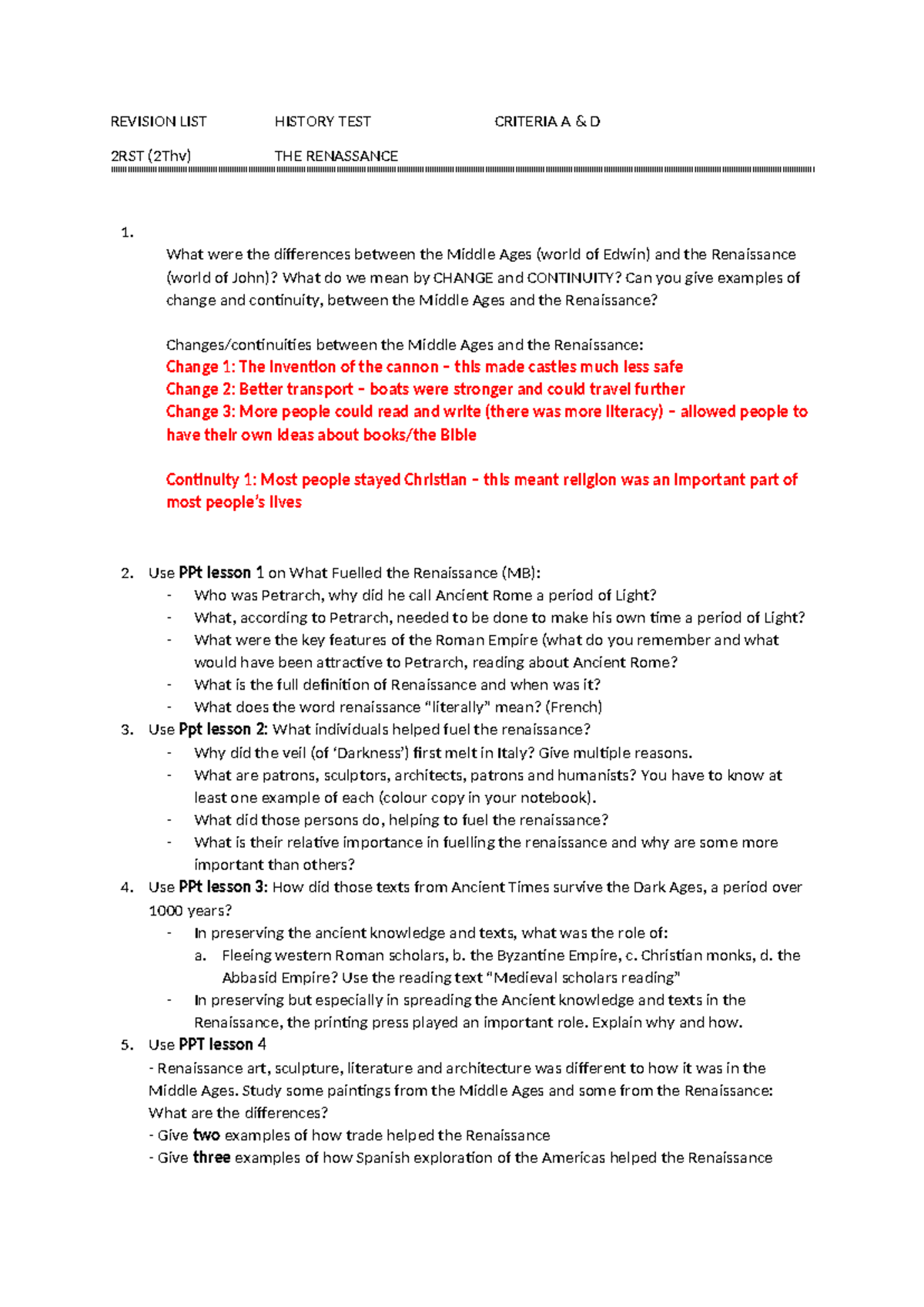 Revision List T2hv RST: Key Concepts of the Renaissance Era - Studeersnel