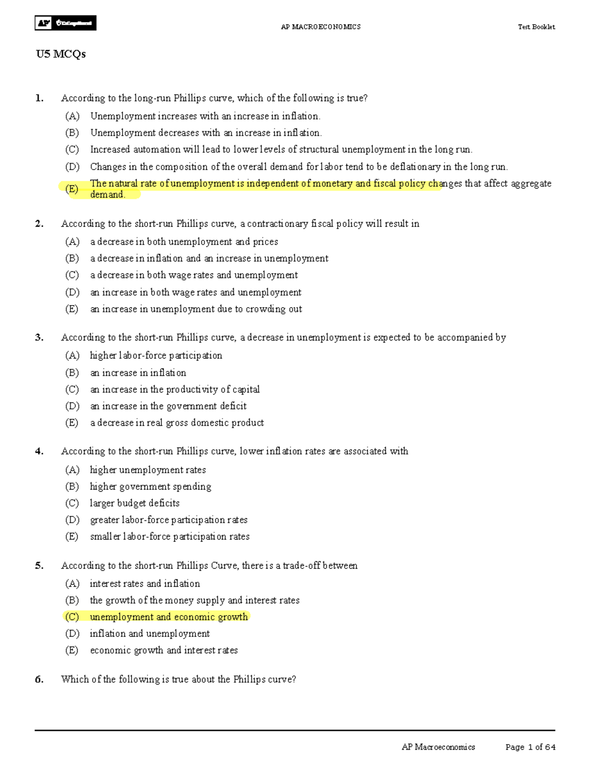 AP Macroeconomics Test Booklet U5: Multiple Choice Questions on ...