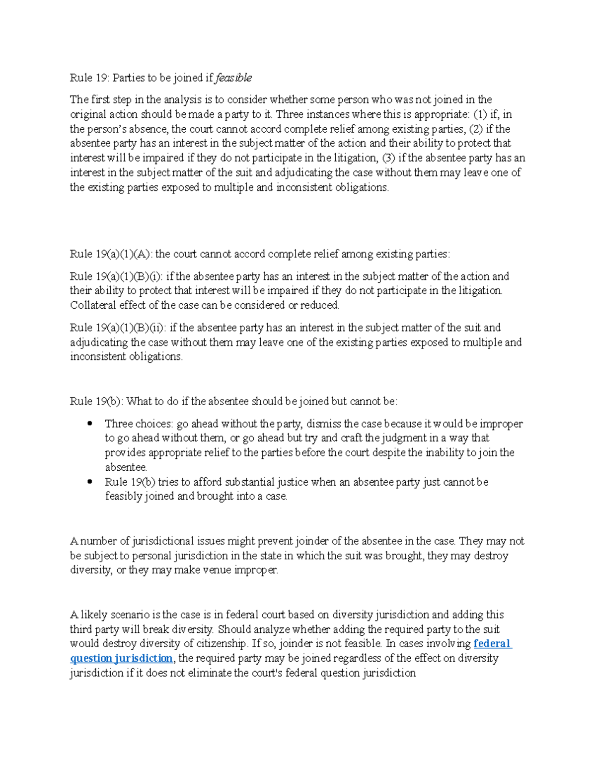 Rule 19: Joinder of Parties - Outline for Legal Analysis - Studocu