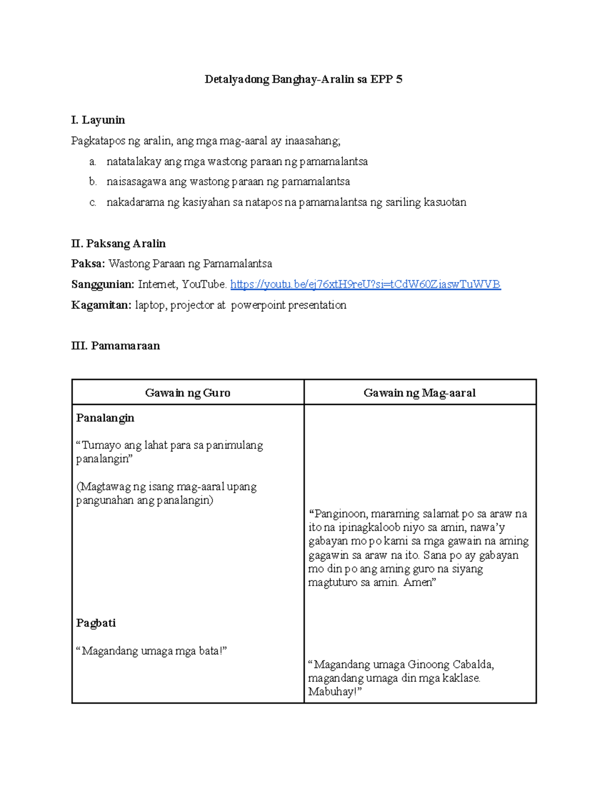 detalyadong Banghay-Aralin sa EPP 5: Wastong Pamamalantsa (FCS) - Studocu