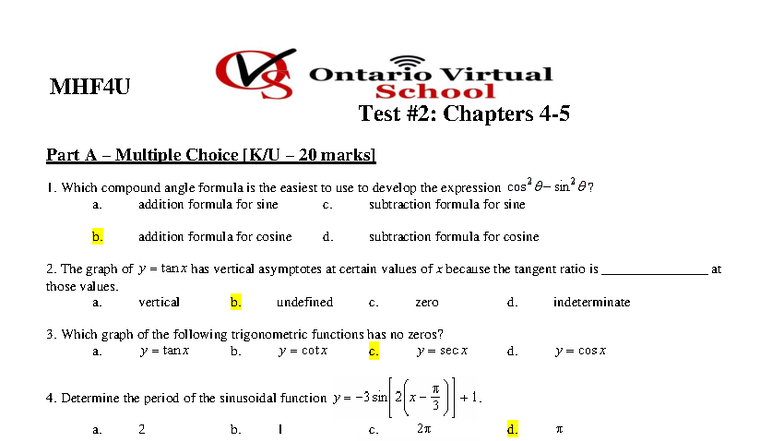 MHF4U Unit 2 Practice Test Solutions: Multiple Choice & Short Answer ...