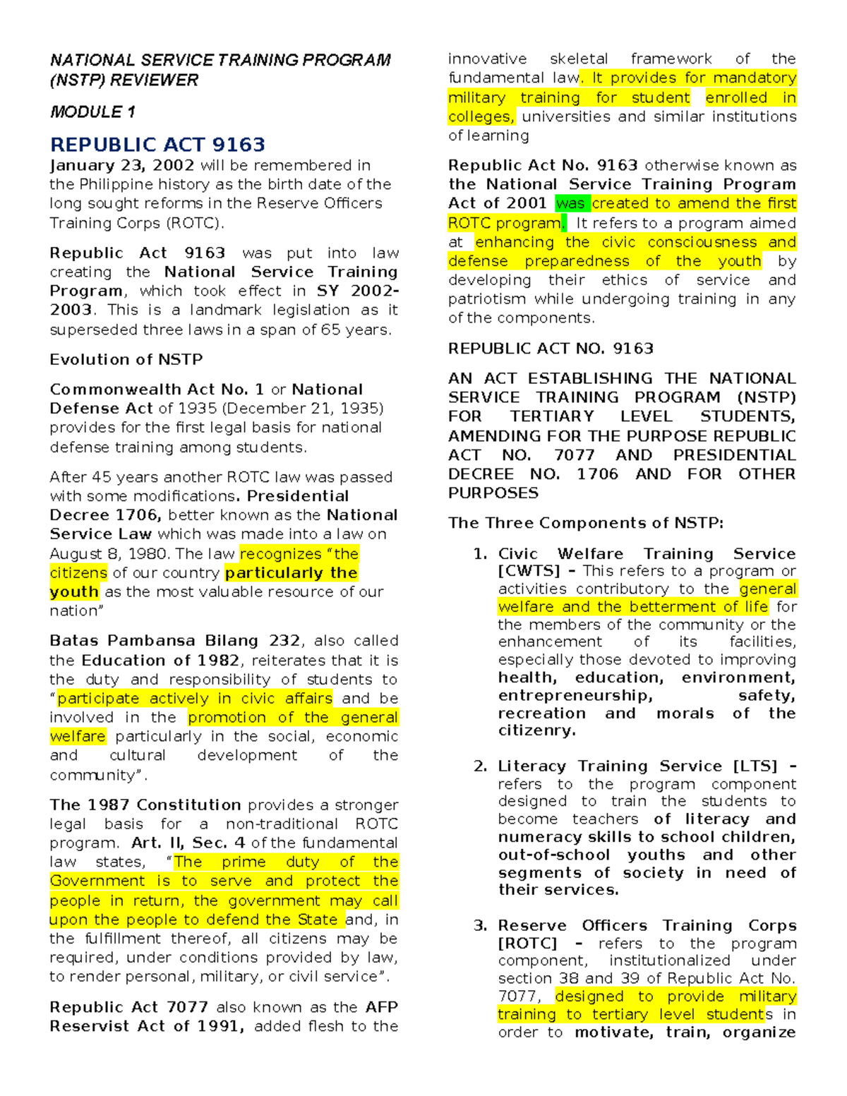 NSTP Reviewer Module 1: Understanding Republic Act 9163 and Its Impact ...