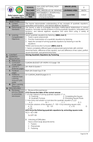 Math9 DLL Sep 6 - DLL MATH 9 WEEK 2 - Daily Lesson Log in MATHEMATICS ...