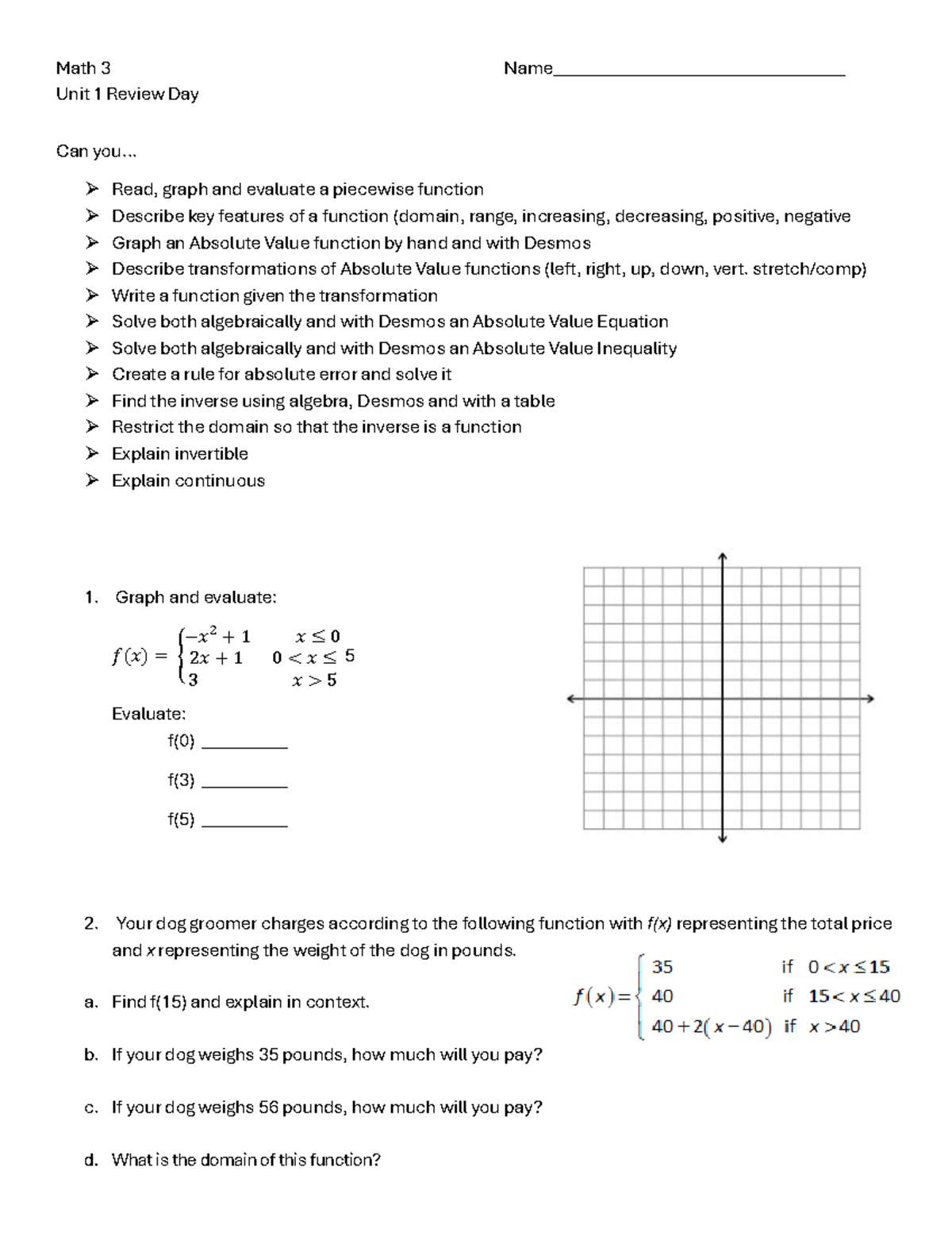 Math 3 Unit 1 Review: Piecewise & Absolute Value Functions - Studocu