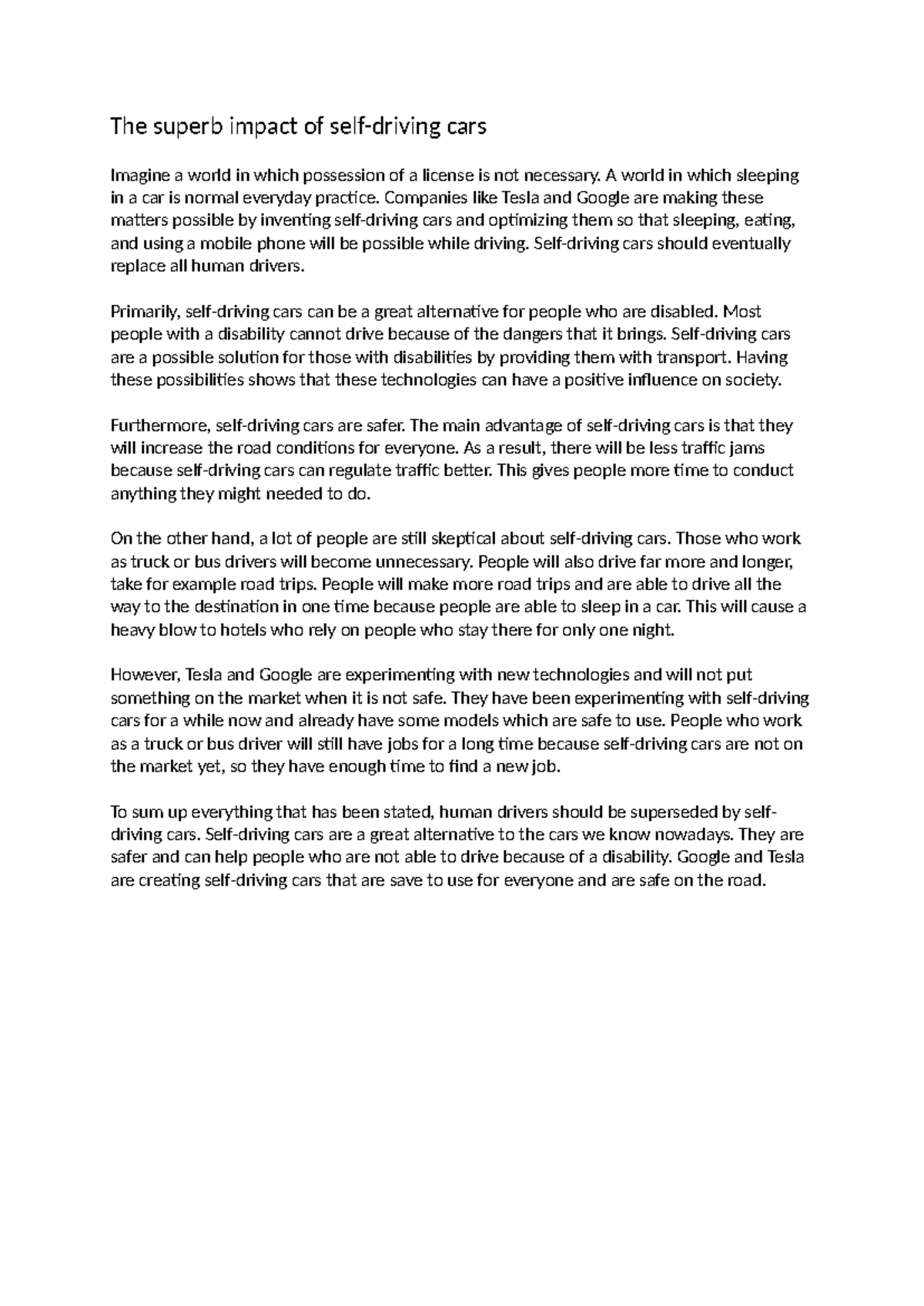Essay on the Future Impact of Self-Driving Cars - Studeersnel