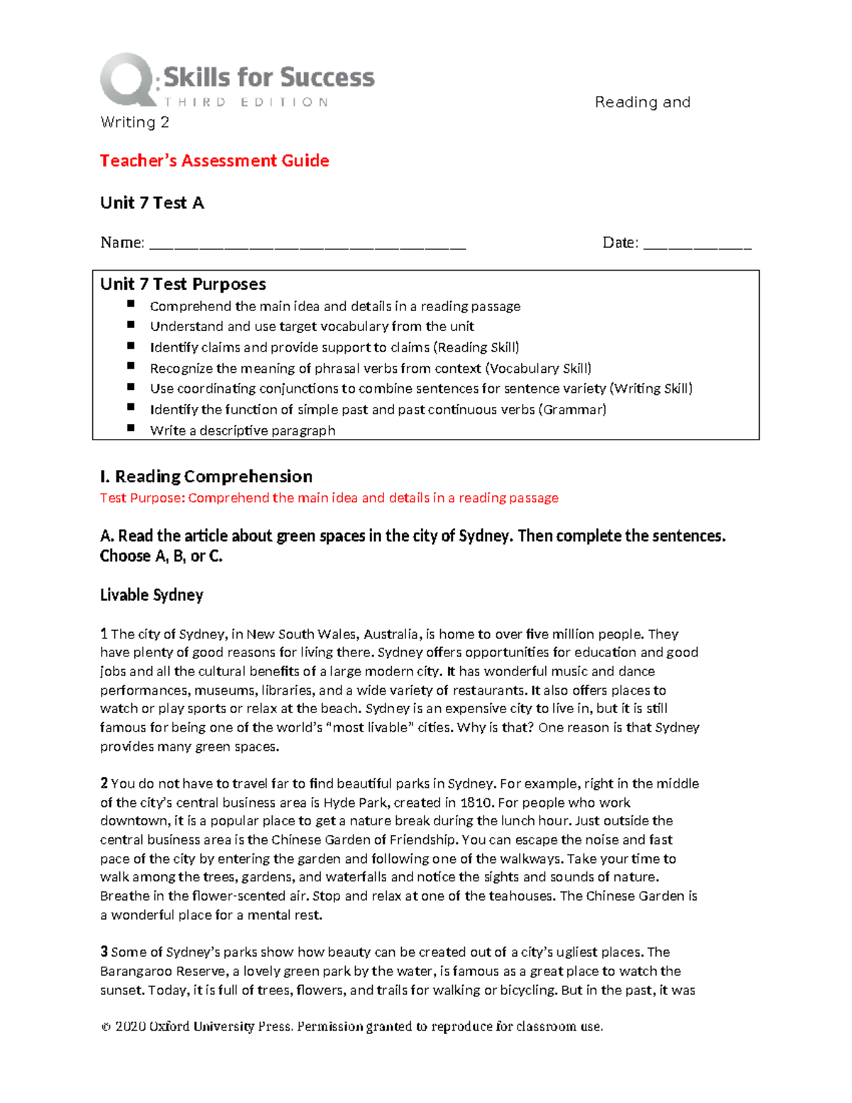 RW2 U07A Unit 7 Assessment Guide: Reading & Writing Skills Test - Studocu