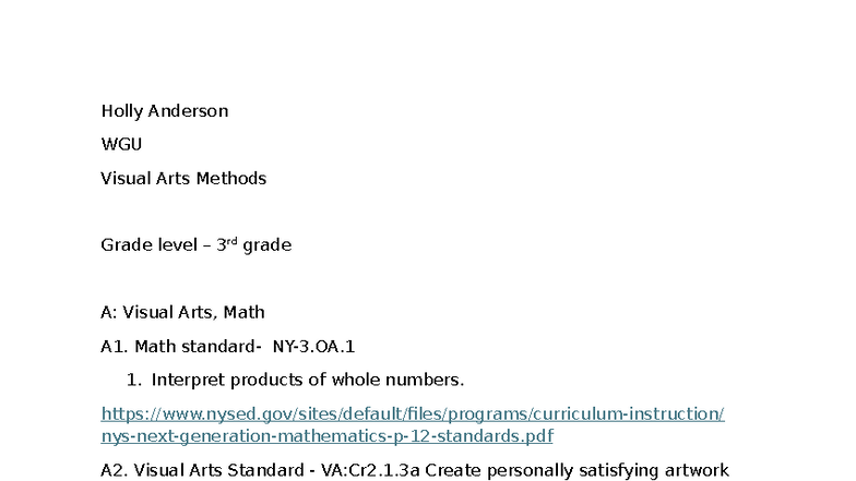 WGU Visual Arts Methods: Integrating Art & Math for 3rd Graders - Studocu