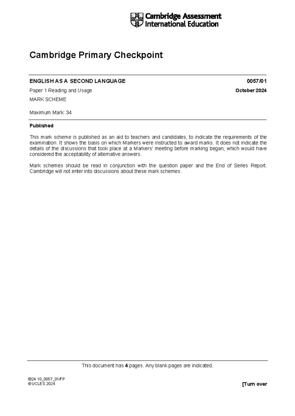 Cambridge Primary Checkpoint ESL Paper 1 Reading Mark Scheme Oct 2024 ...