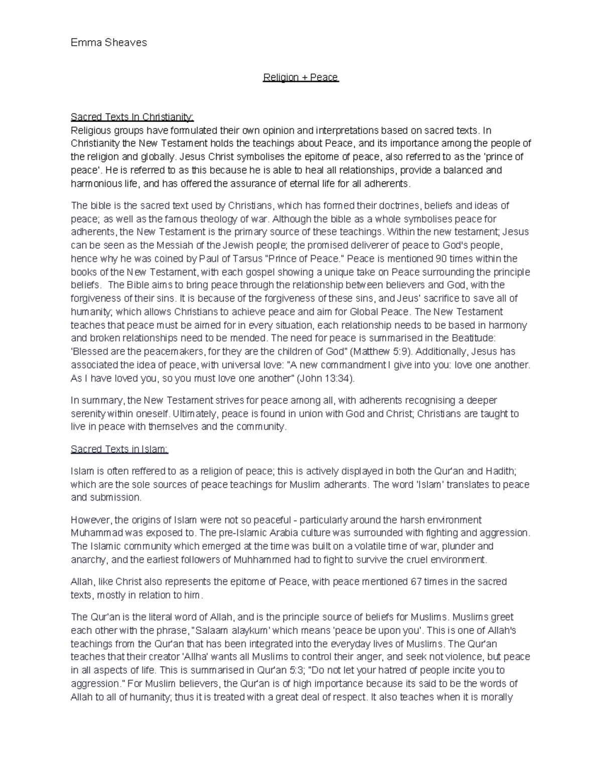 Religion & Peace Essay: Insights from Christianity & Islam - Studocu