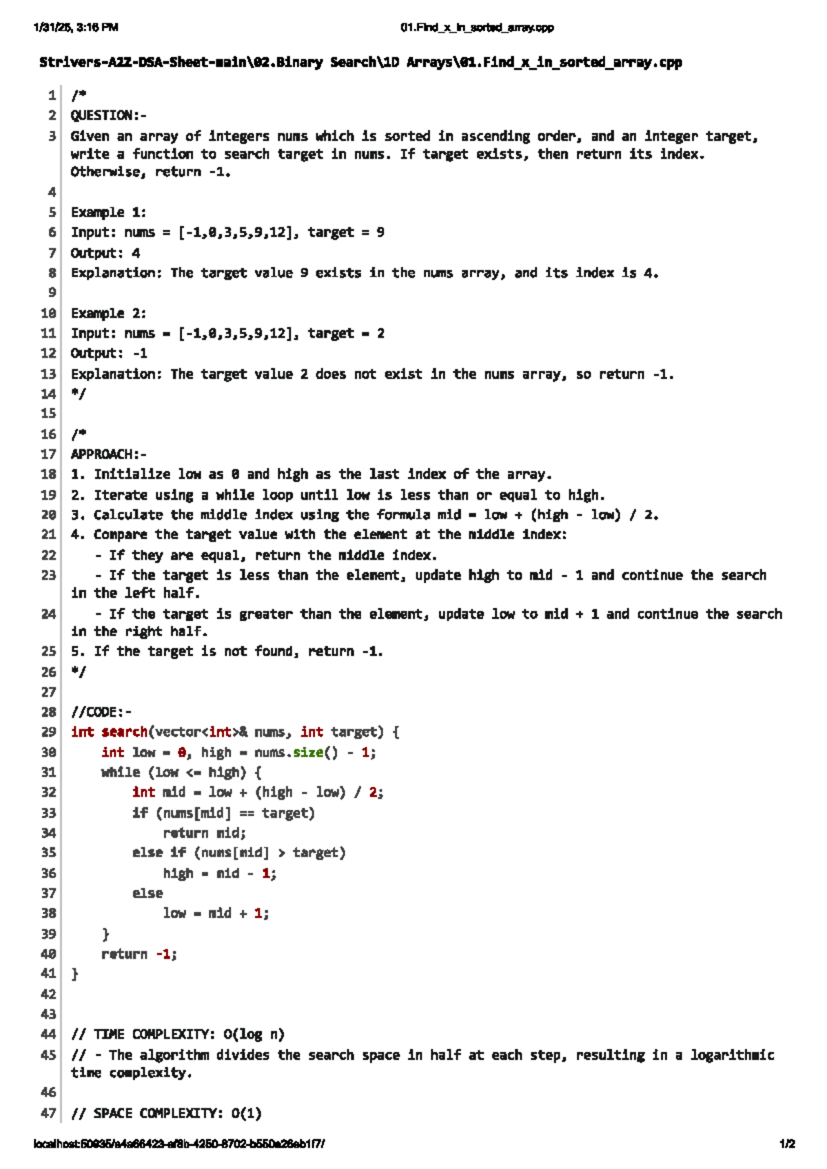 Binary Search Algorithms in C++: Striver's Code Guide - Studocu